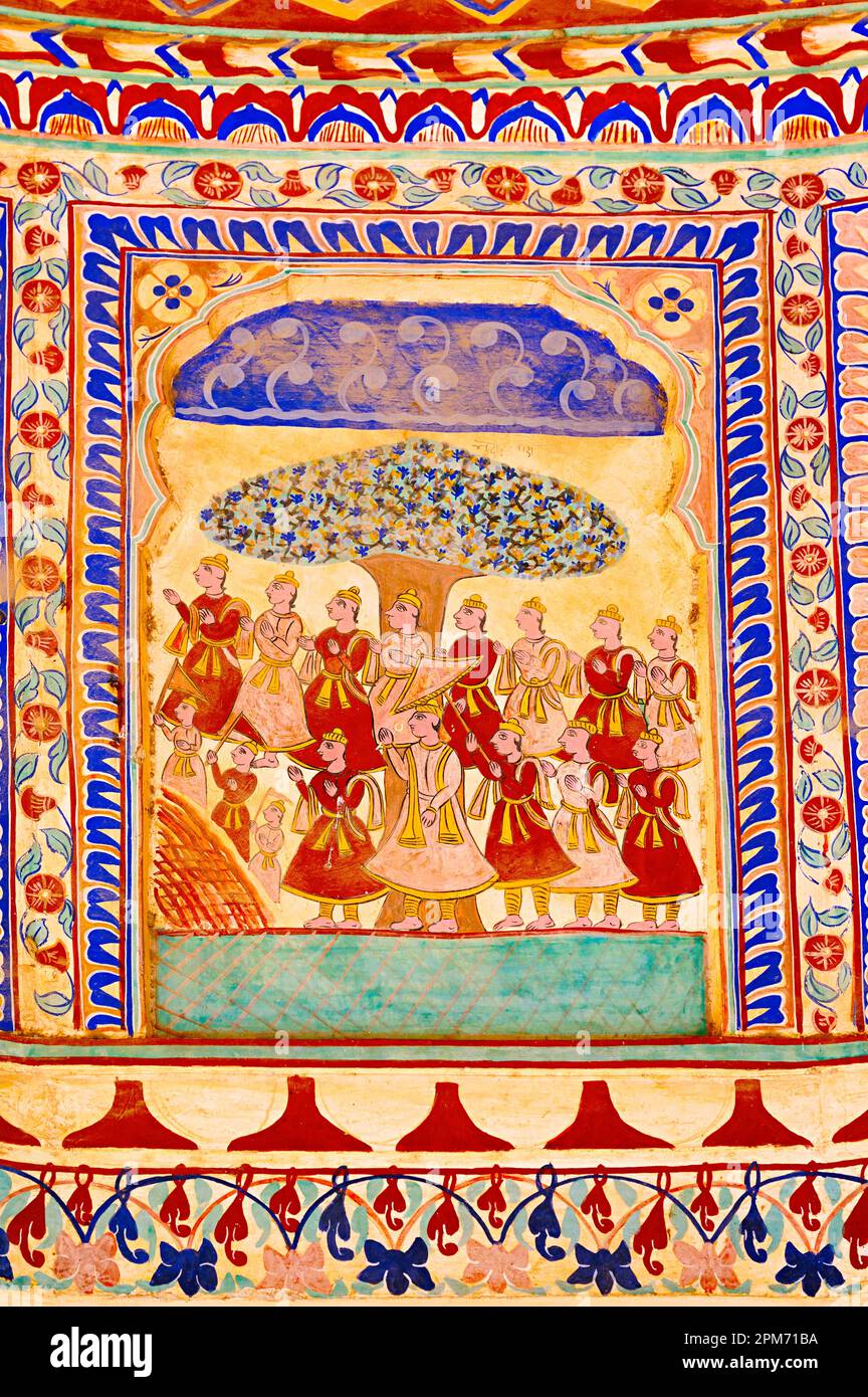 Colourful mythological paintings on the ceiling of Goenka Chhatri ...