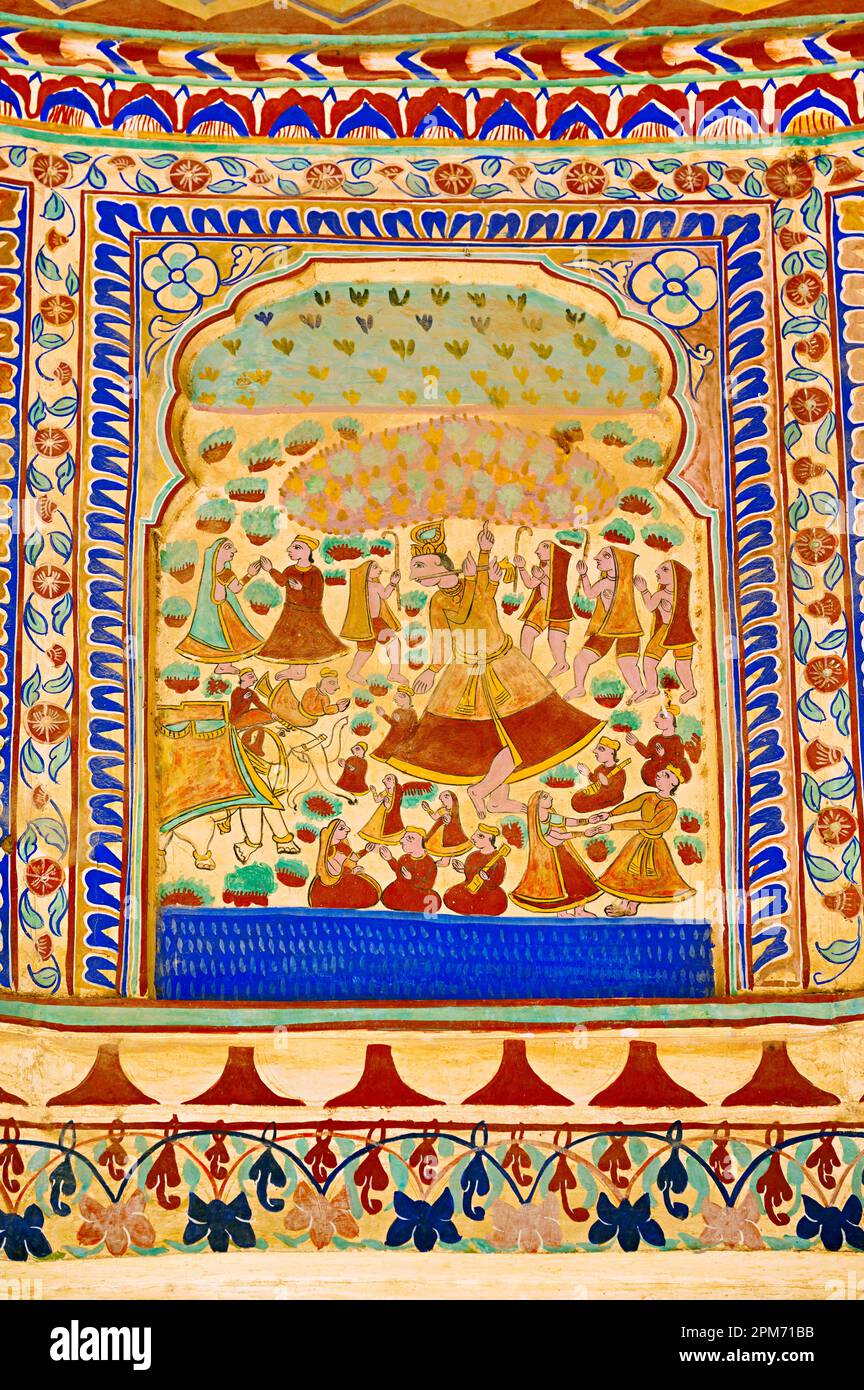 Colourful mythological paintings on the ceiling of Goenka Chhatri ...