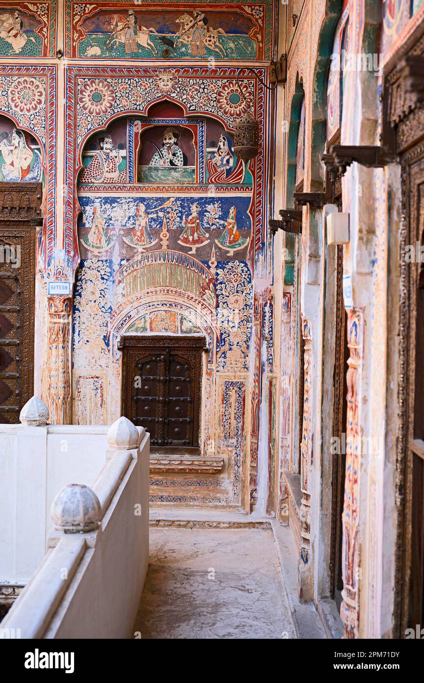 Colourful paintings on the inner wall of Mandawa haveli, now converted ...