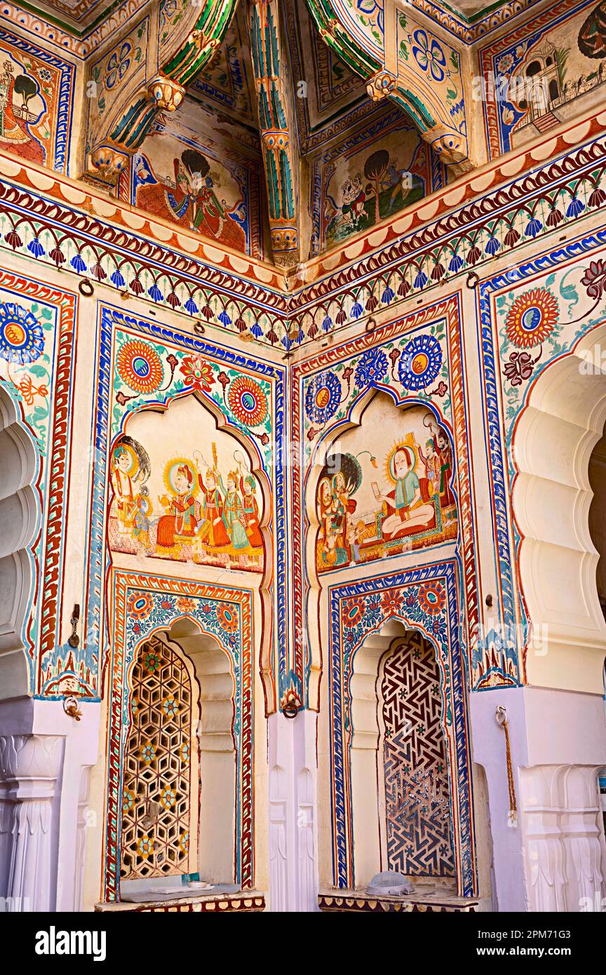 Colourful paintings on the ceiling of an entrance gate of Raghu Nath Ji ...
