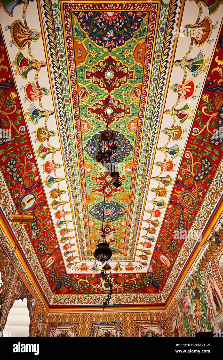 Colourful paintings on the ceiling of an entrance gate of Raghu Nath Ji ...
