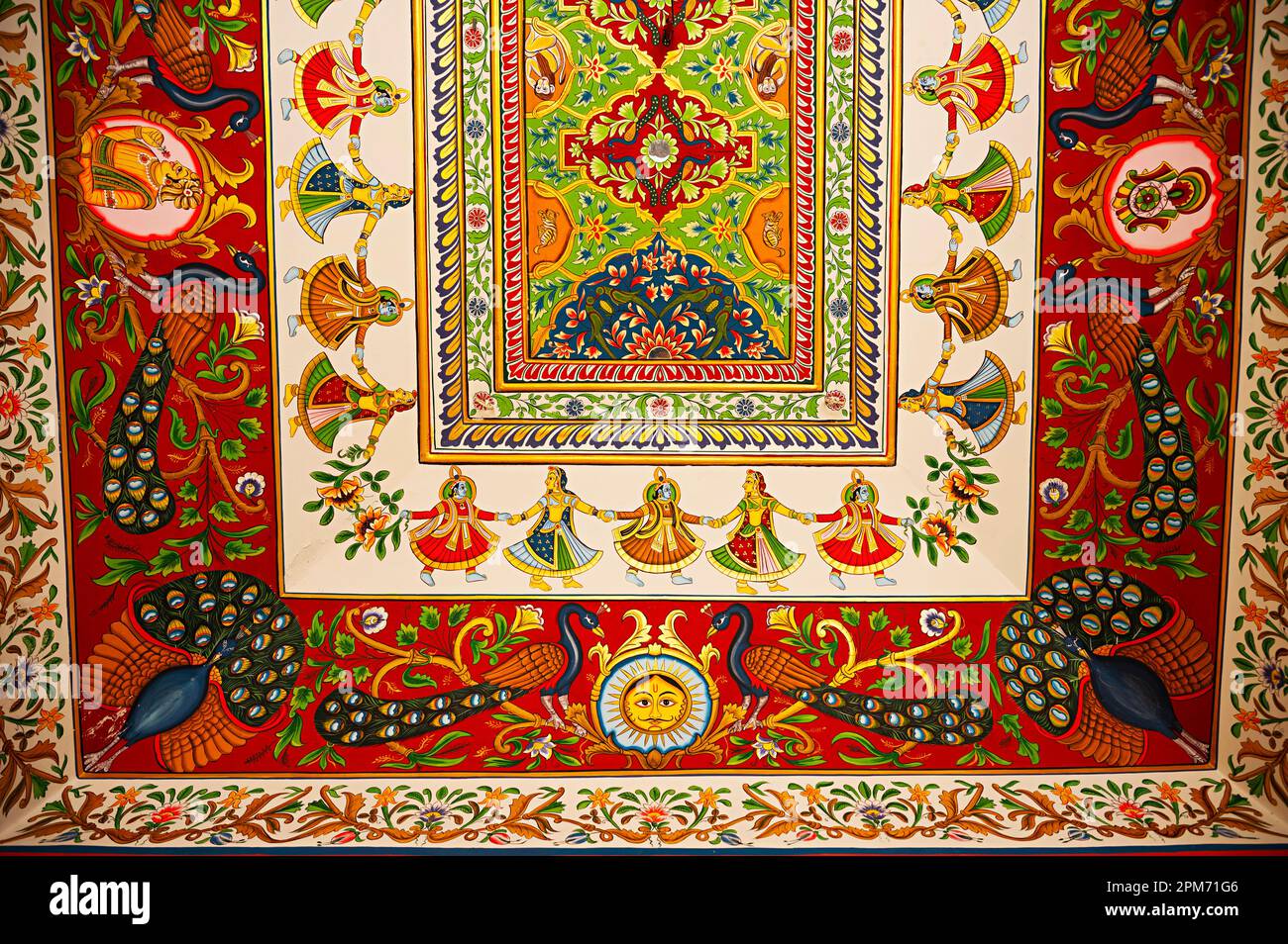Colourful paintings on the ceiling of an entrance gate of Raghu Nath Ji ...