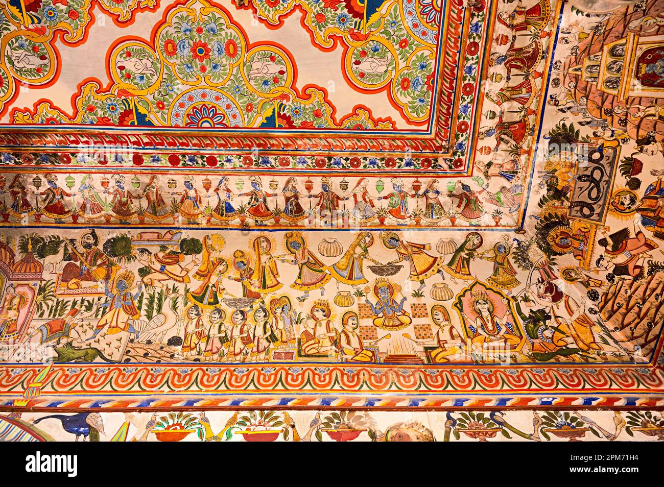 Colourful paintings on the ceiling of an entrance gate of Raghu Nath Ji ...