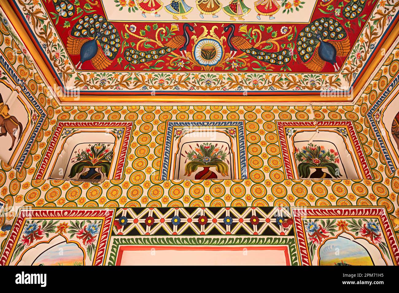 Colourful paintings on the ceiling of an entrance gate of Raghu Nath Ji ...