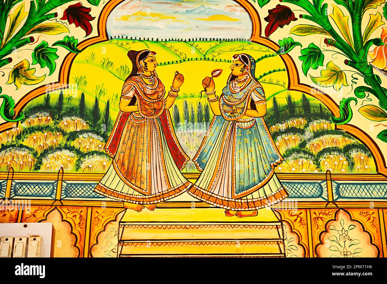 Colourful paintings on the inner wall of Raghu Nath Ji Mandir ...