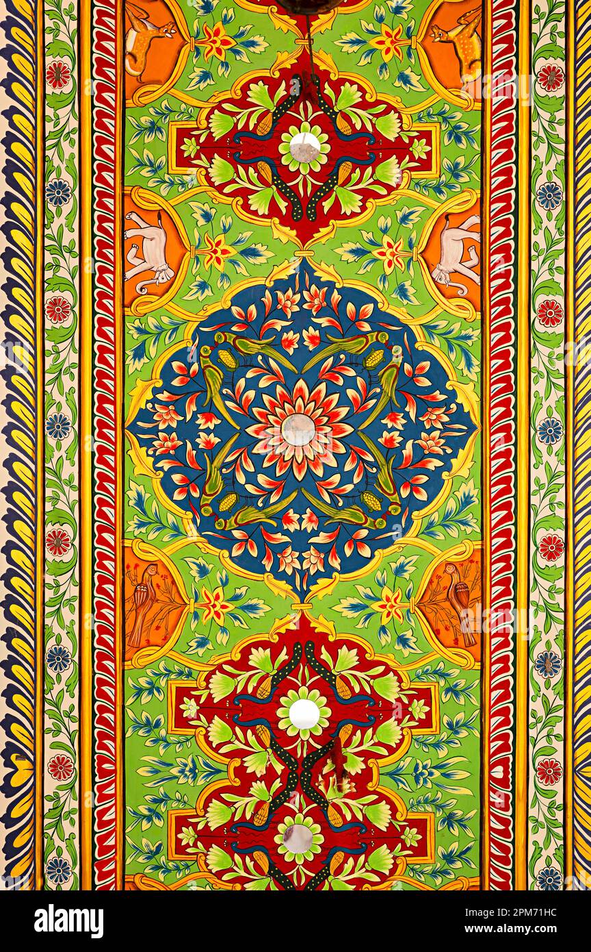 Colourful paintings on the ceiling of an entrance gate of Raghu Nath Ji ...
