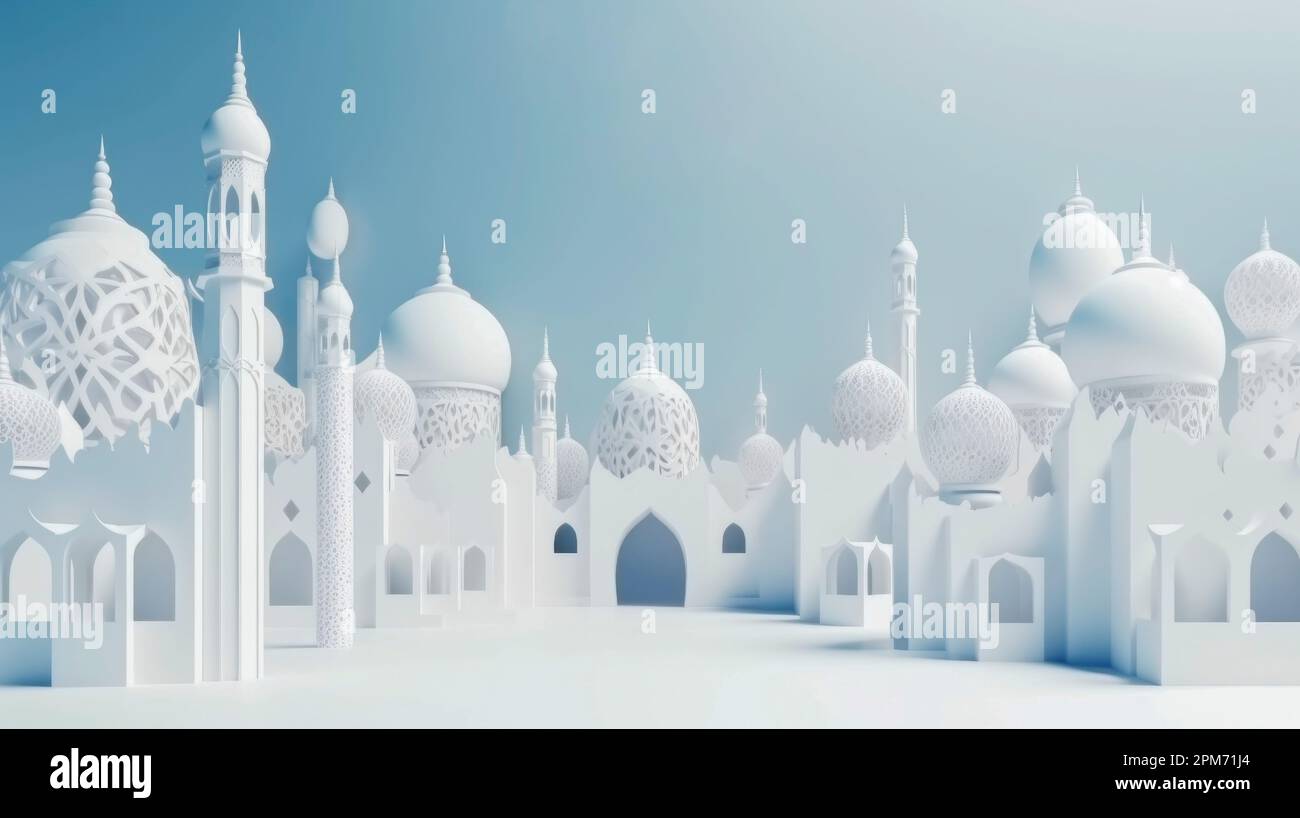 Snow-white domes of mosque minaret, blue background. Ramadan islamic ...