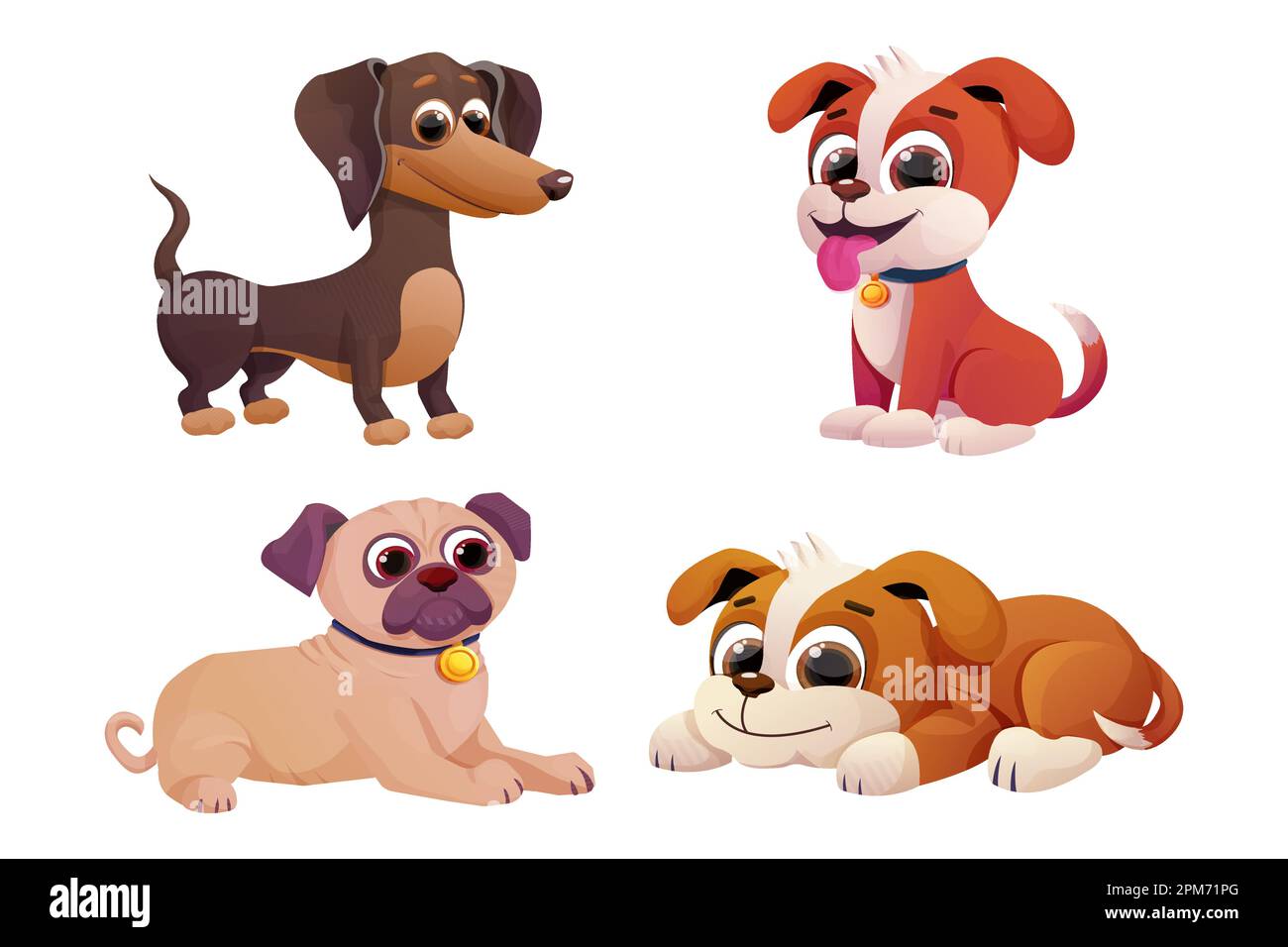 Set Puppy cute dog child, pets with adorable tail in comic cartoon ...