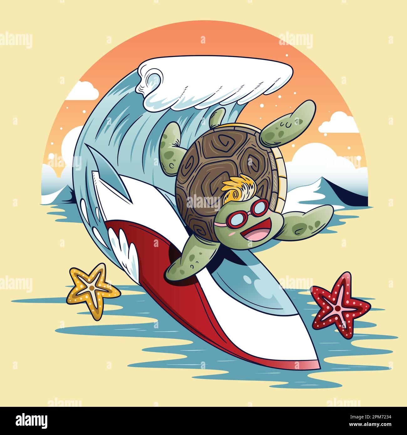 Turtle surfing with surfboard and starfish. Vector illustration Stock ...