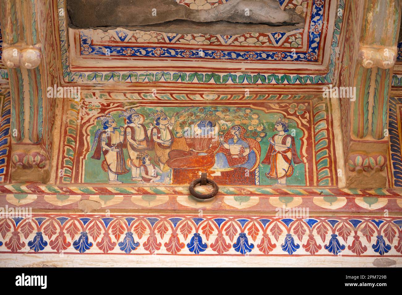 Colourful mythological paintings on the inner wall of Mahansar Castle ...