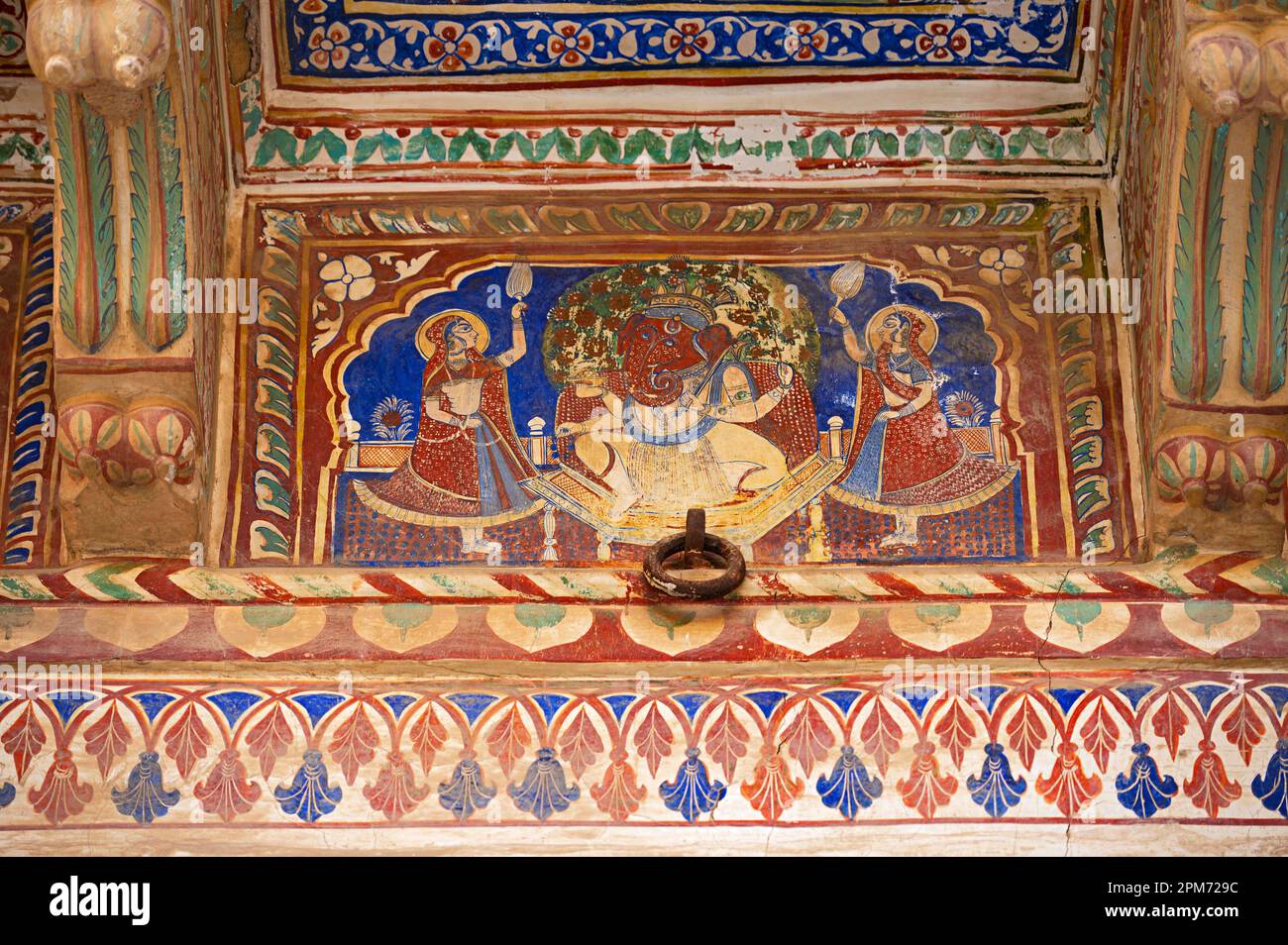 Colourful mythological paintings on the inner wall of Mahansar Castle ...