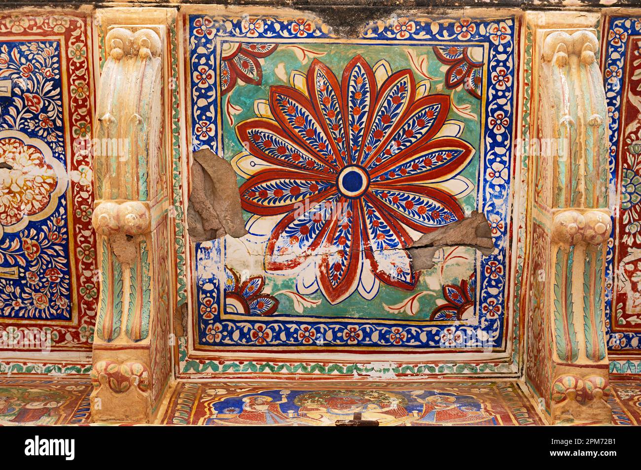 Colourful mythological paintings on the inner wall of Mahansar Castle ...