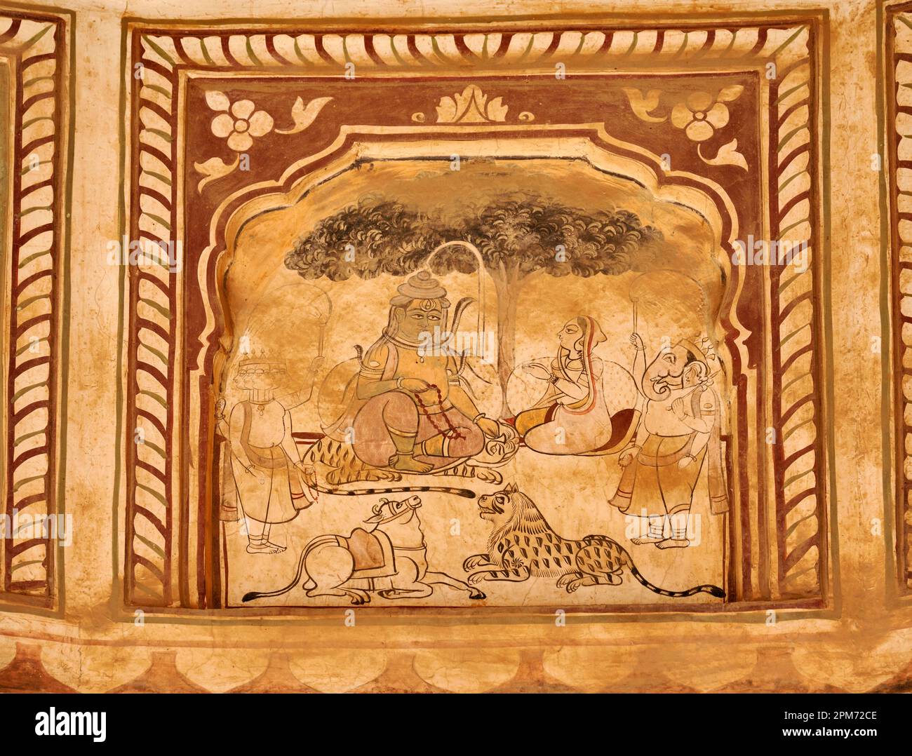 Colourful mythological paintings on the ceiling of an old chhatri ...