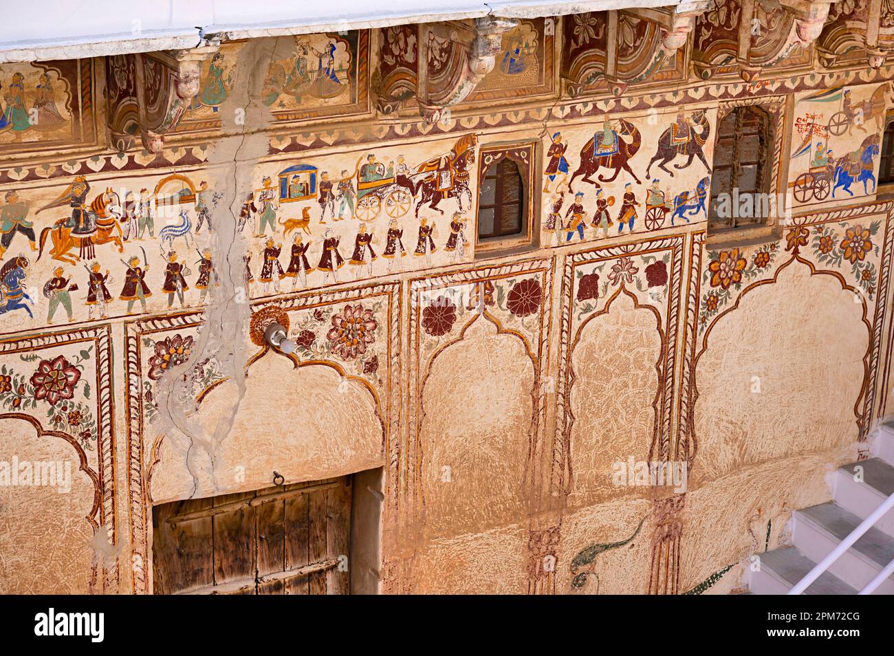 Colourful mythological paintings on the inner wall of an old chhatri ...