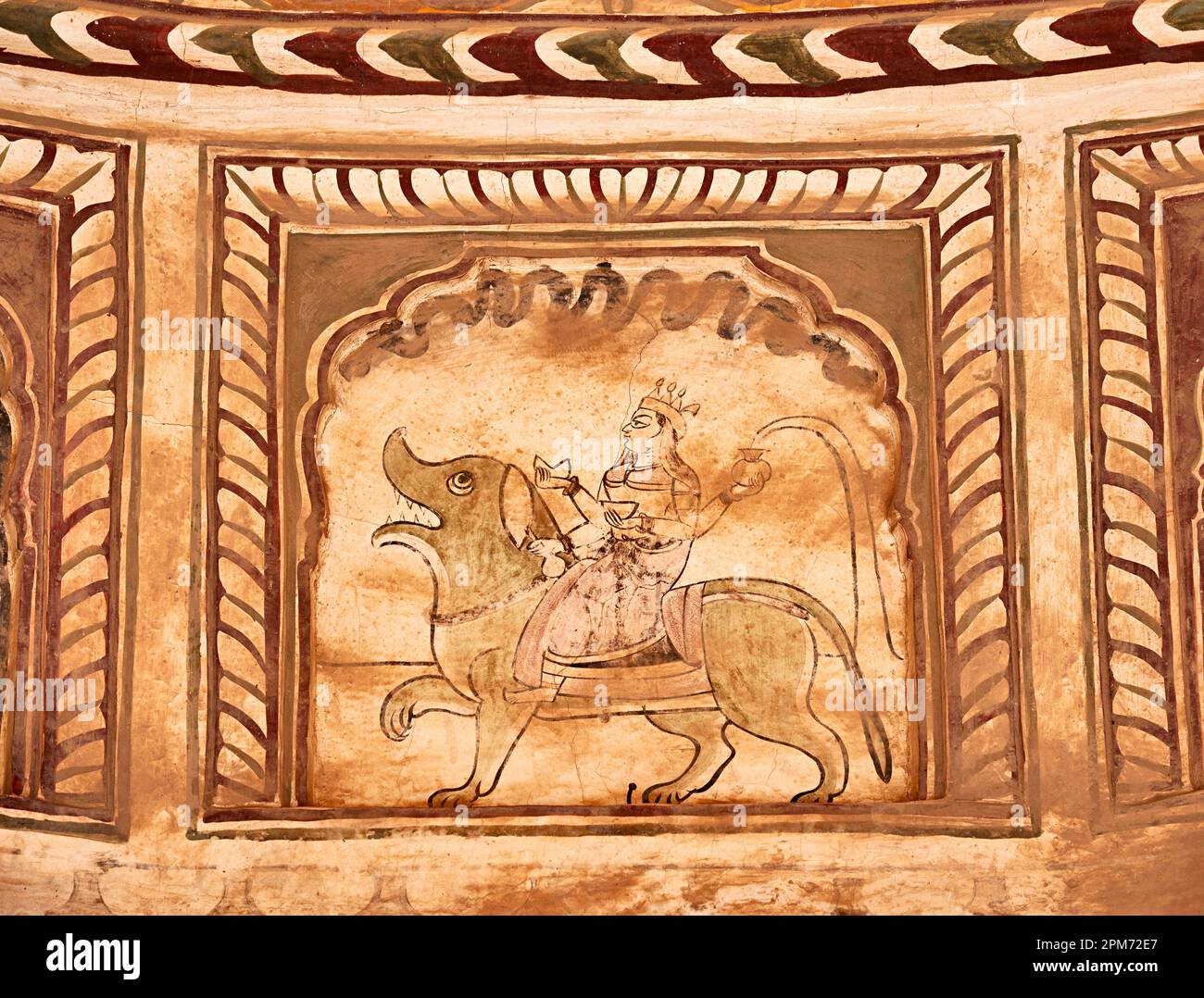 Colourful mythological paintings on the ceiling of an old chhatri ...