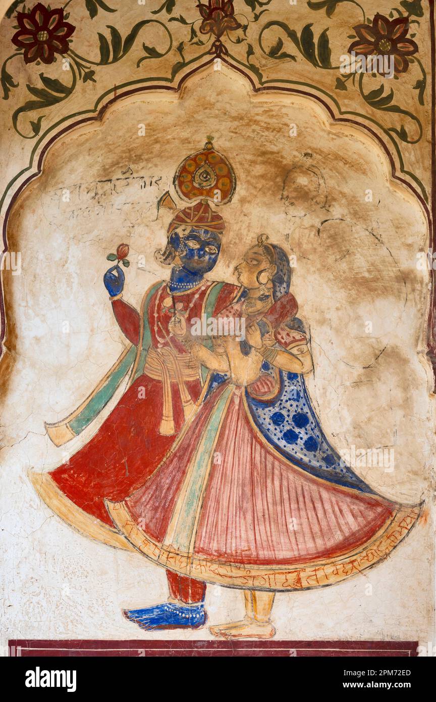 Colourful painting of Lord Shrikrishna with Radha on the inner wall of ...