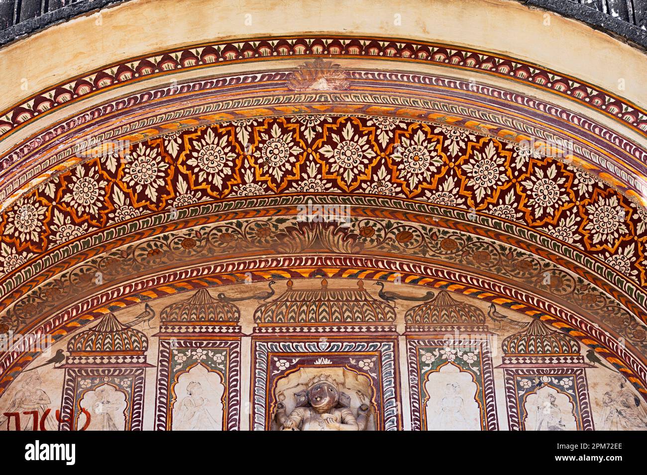 Colourful mythological paintings on the ceiling of an old chhatri ...