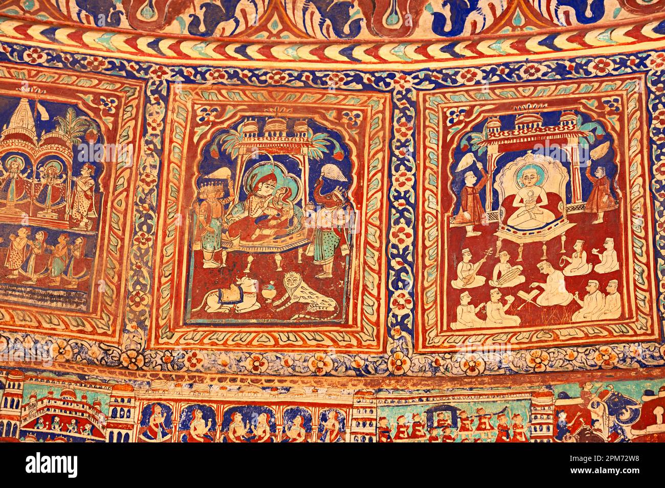 Colourful mythological paintings on the ceiling dome of Seth Ram Gopal ...