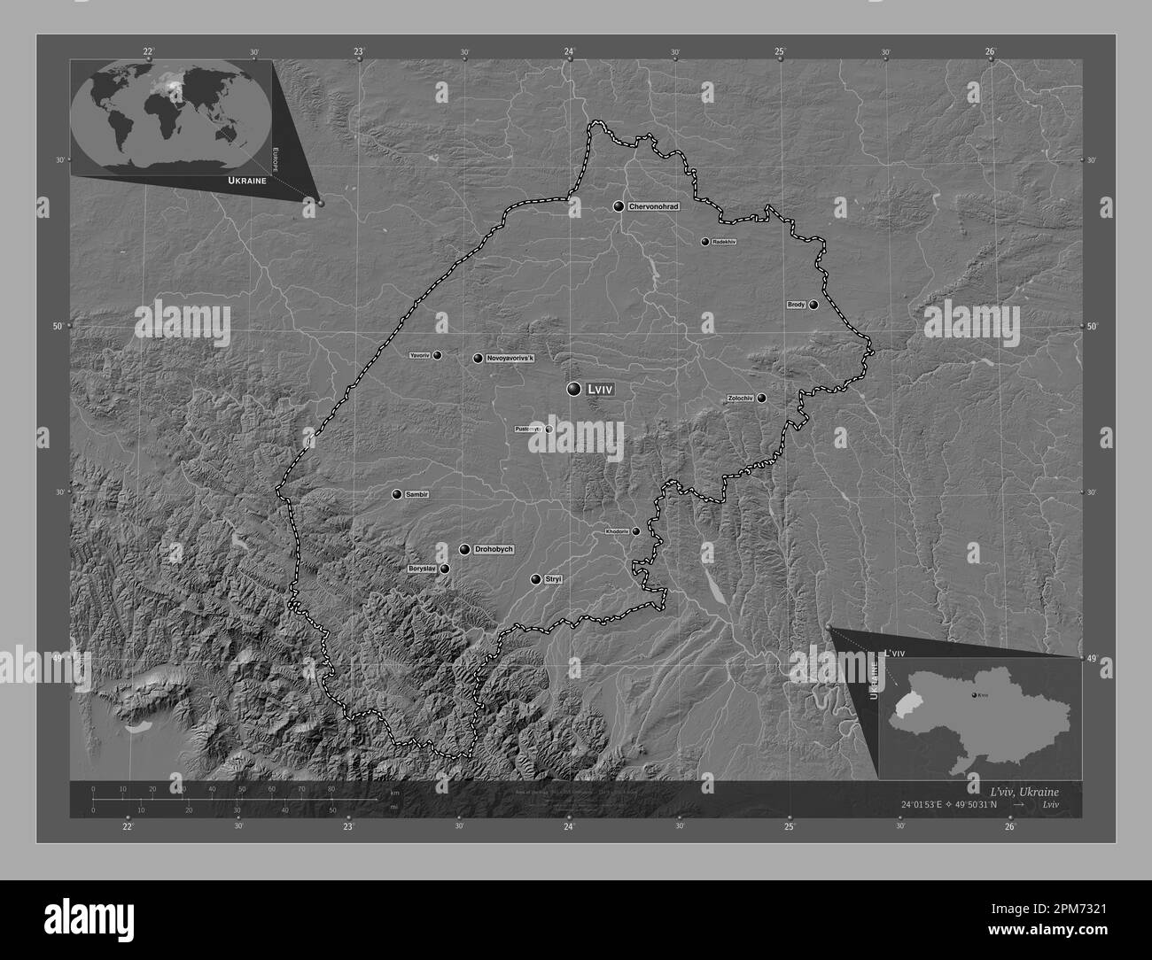 L'viv, region of Ukraine. Bilevel elevation map with lakes and rivers ...