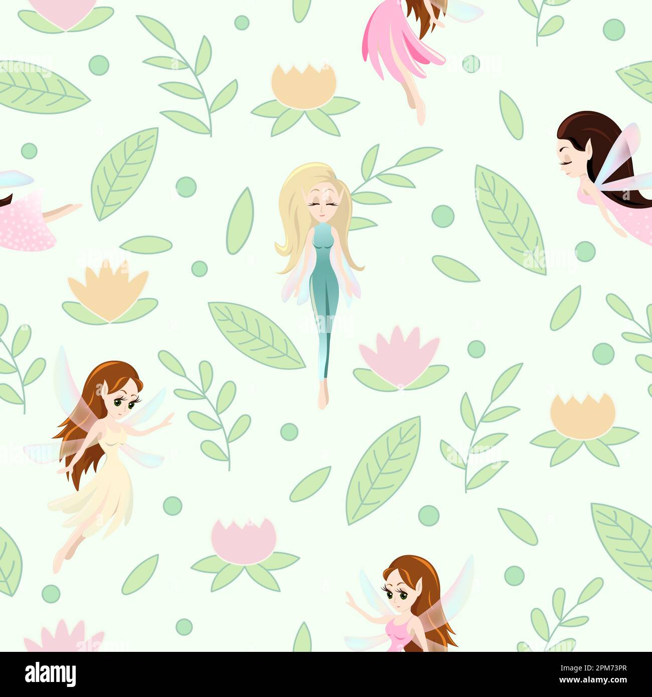 Vector seamless pattern with cute little fairy tale girls, mythical ...