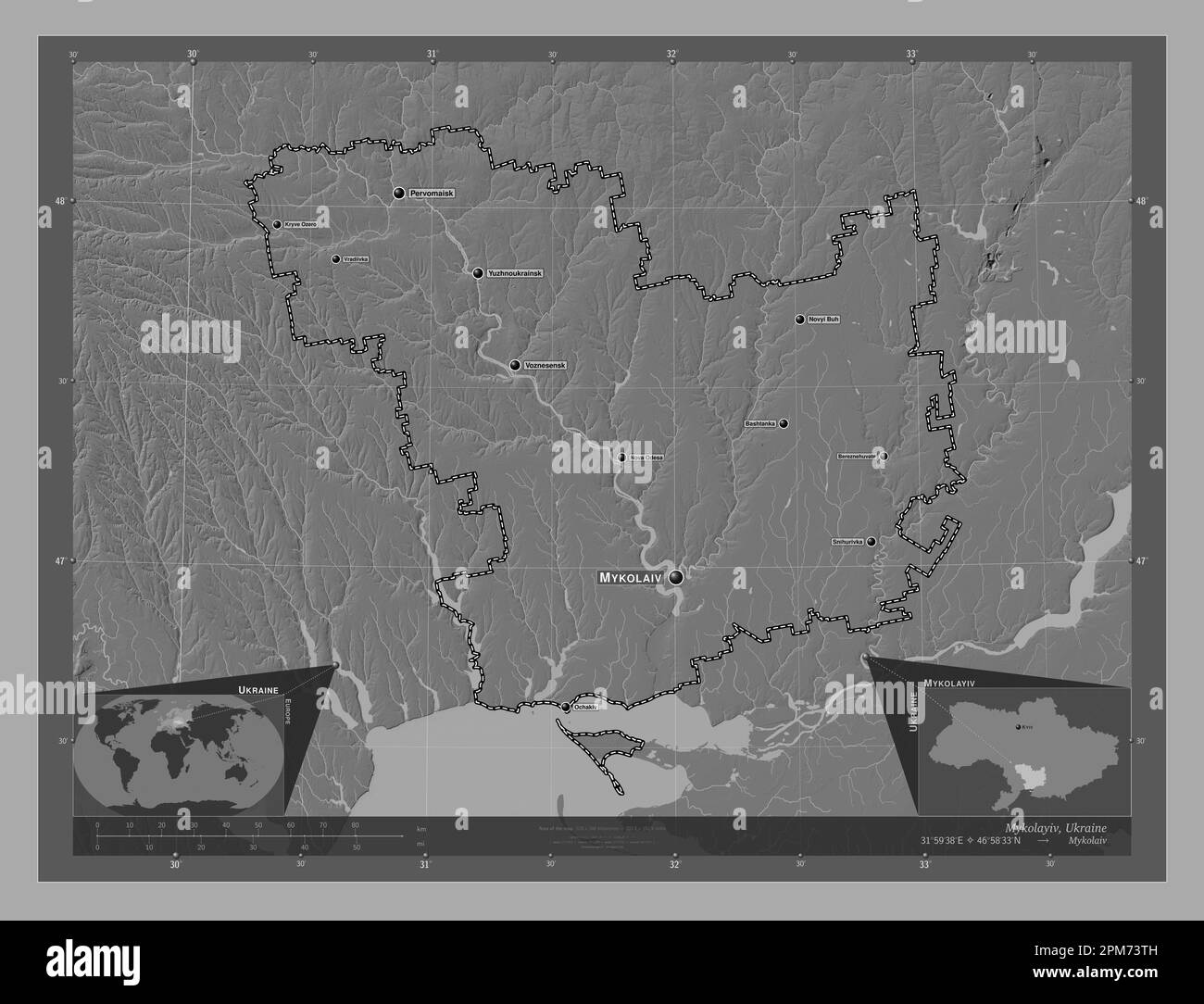 Mykolayiv, region of Ukraine. Bilevel elevation map with lakes and ...