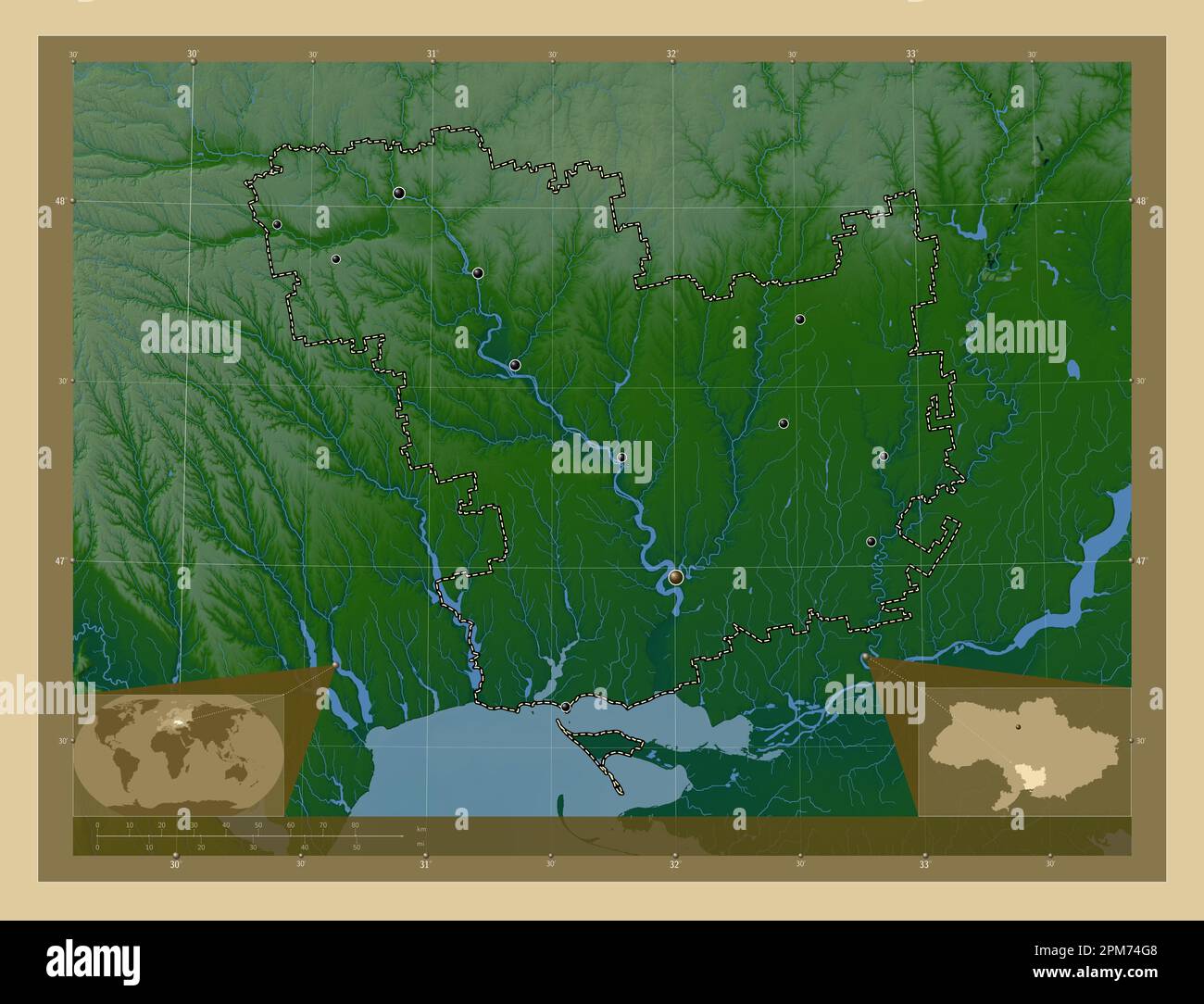 Mykolayiv, region of Ukraine. Colored elevation map with lakes and ...
