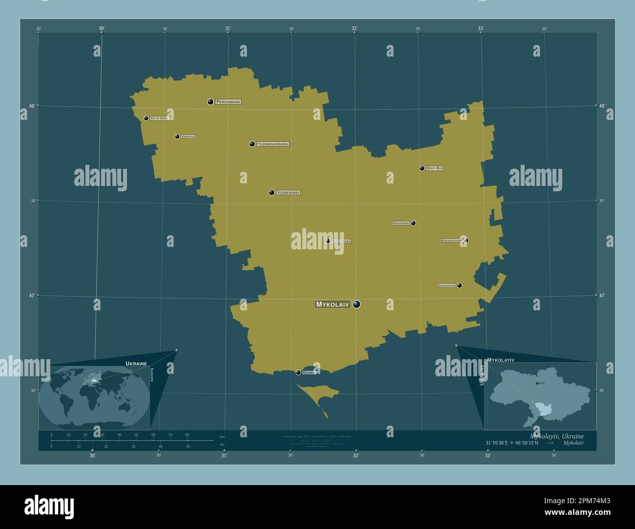 Mykolayiv, region of Ukraine. Solid color shape. Locations and names of ...