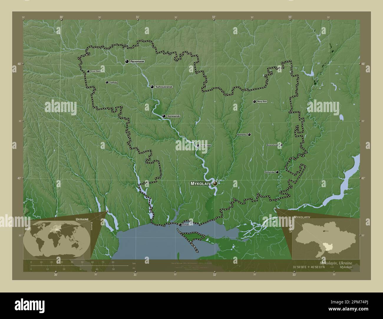 Mykolayiv, region of Ukraine. Elevation map colored in wiki style with ...