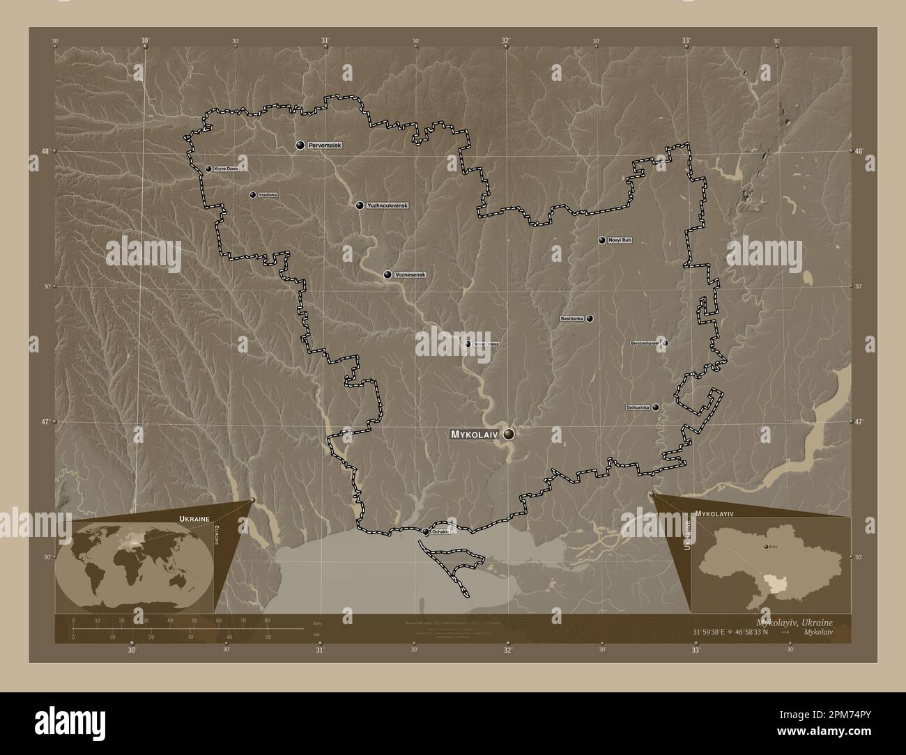 Mykolayiv, region of Ukraine. Elevation map colored in sepia tones with ...