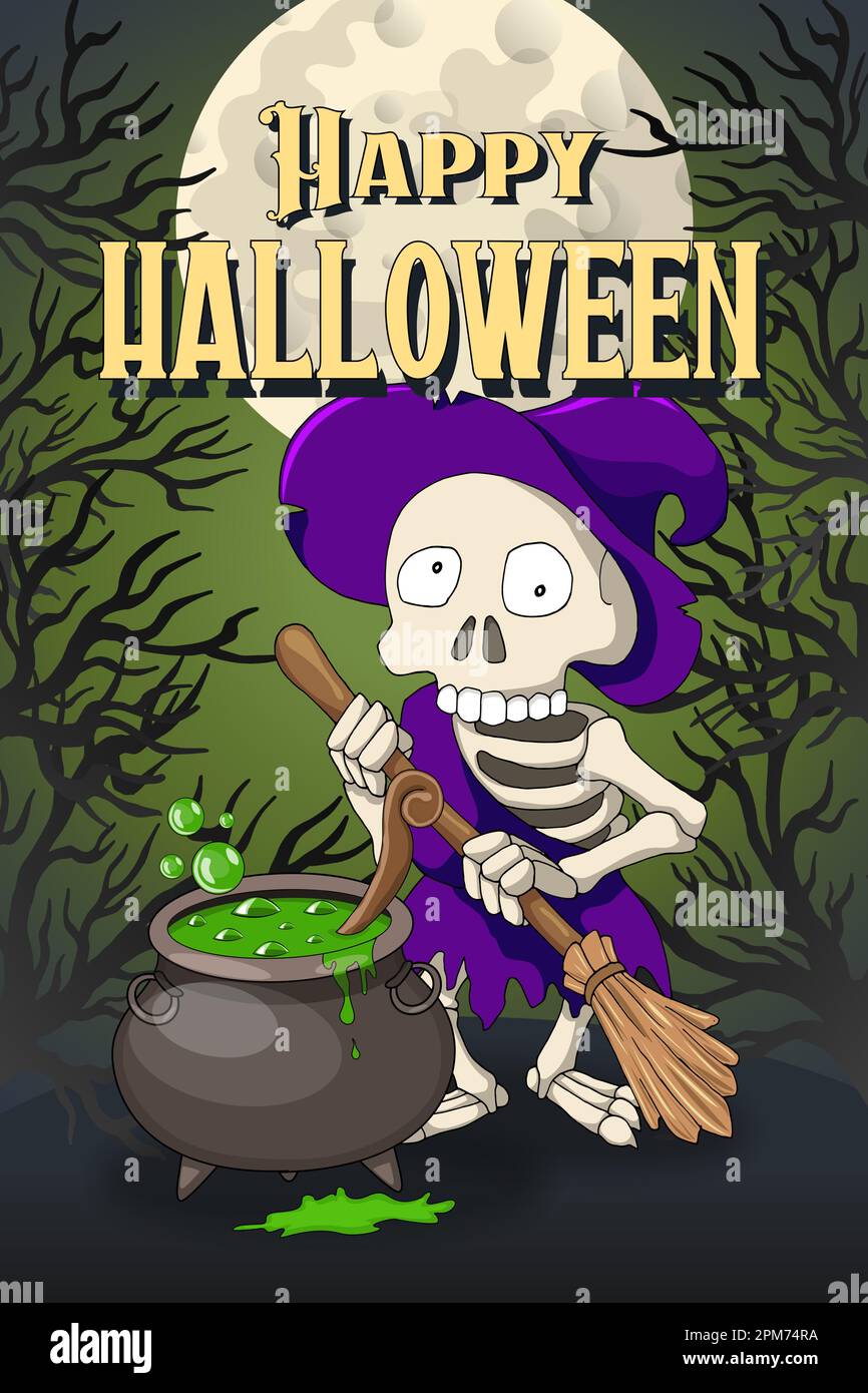 Happy Halloween postcard template. Skeleton Hag Violet Robe cartoon ...