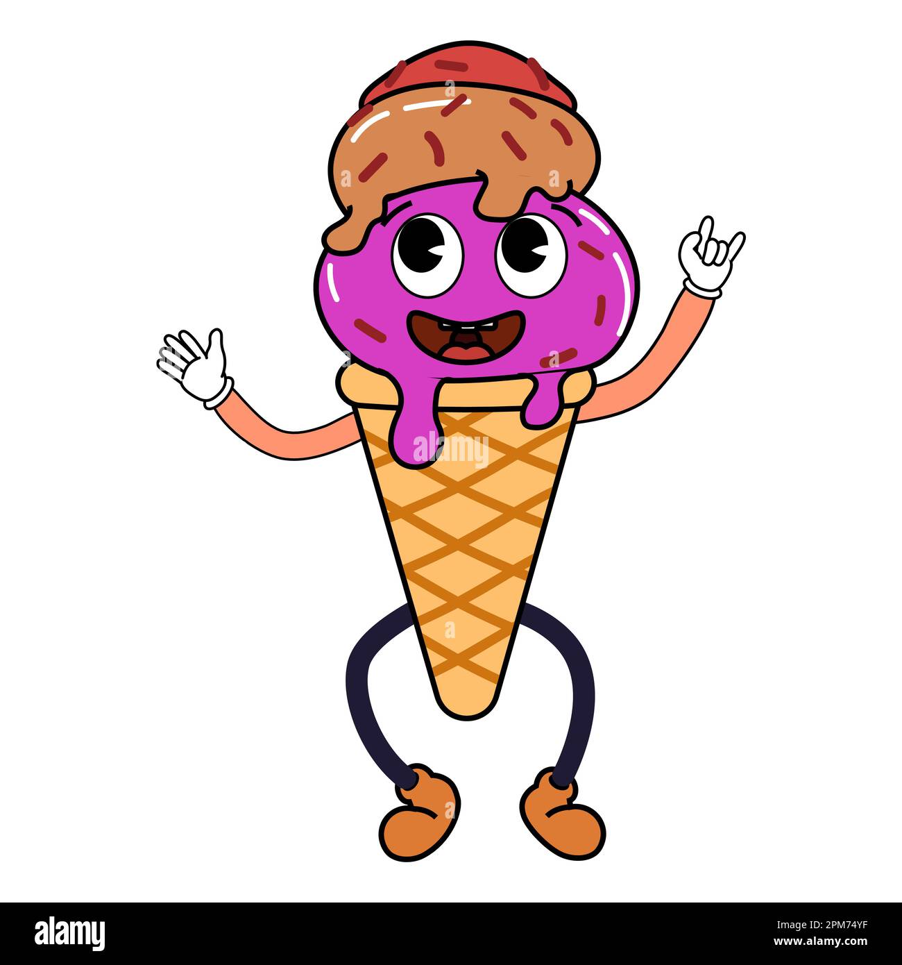 Groovy funny ice cream cartoon character, vintage hippie 70s. Doodle ...