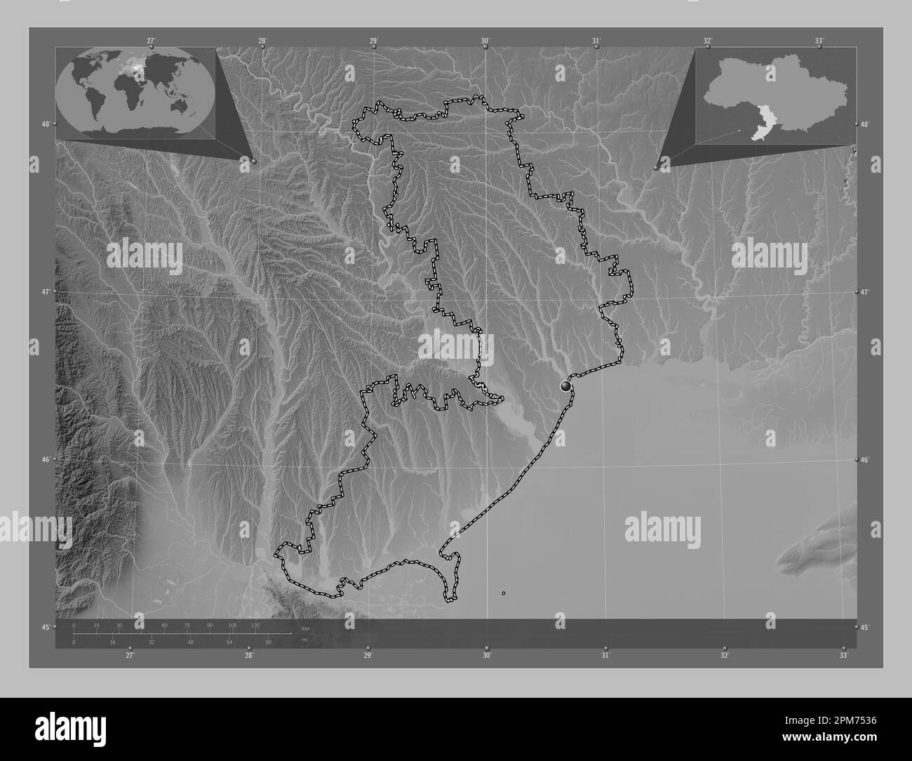 Odessa, region of Ukraine. Grayscale elevation map with lakes and ...