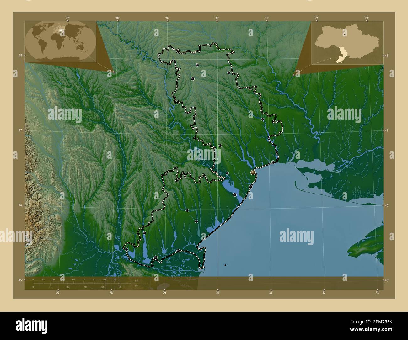 Odessa, region of Ukraine. Colored elevation map with lakes and rivers ...