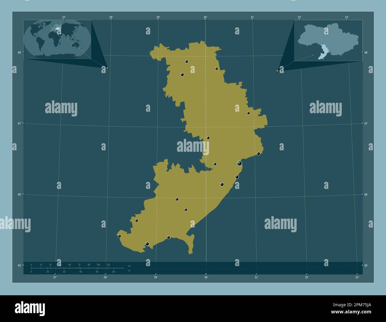 Odessa, region of Ukraine. Solid color shape. Locations of major cities ...