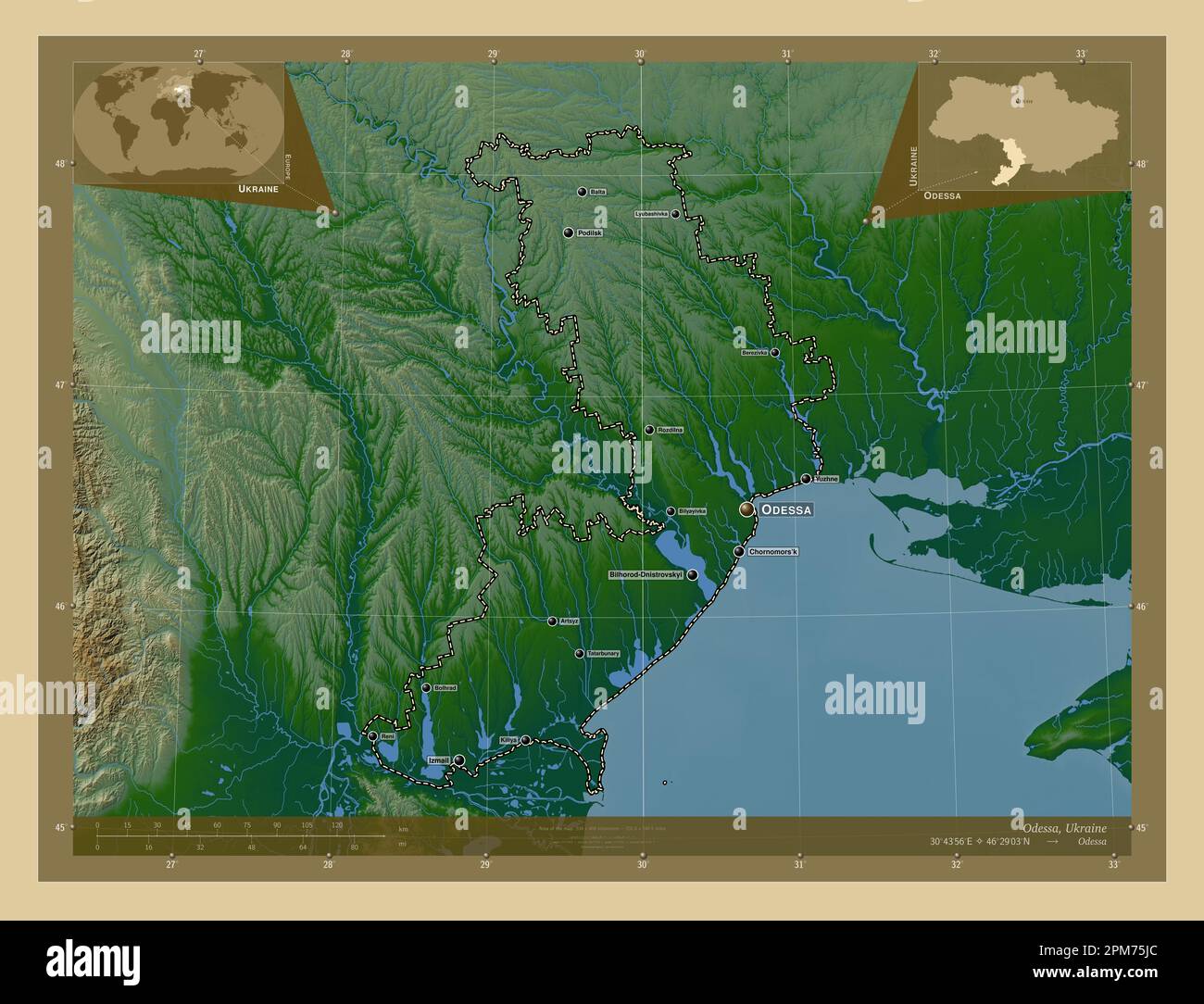 Odessa, region of Ukraine. Colored elevation map with lakes and rivers ...