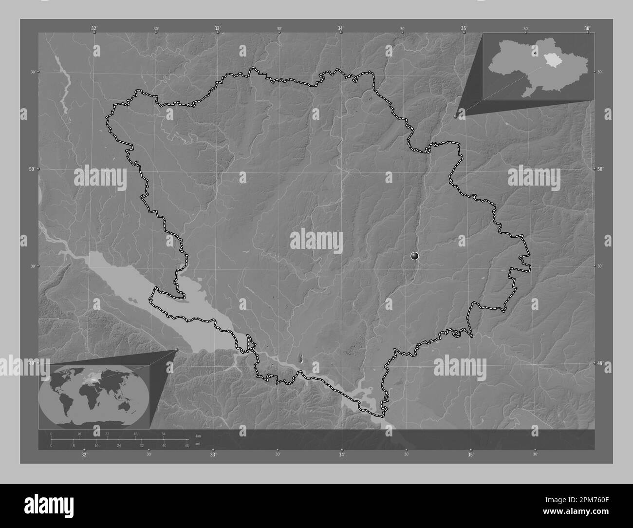 Poltava, region of Ukraine. Grayscale elevation map with lakes and ...
