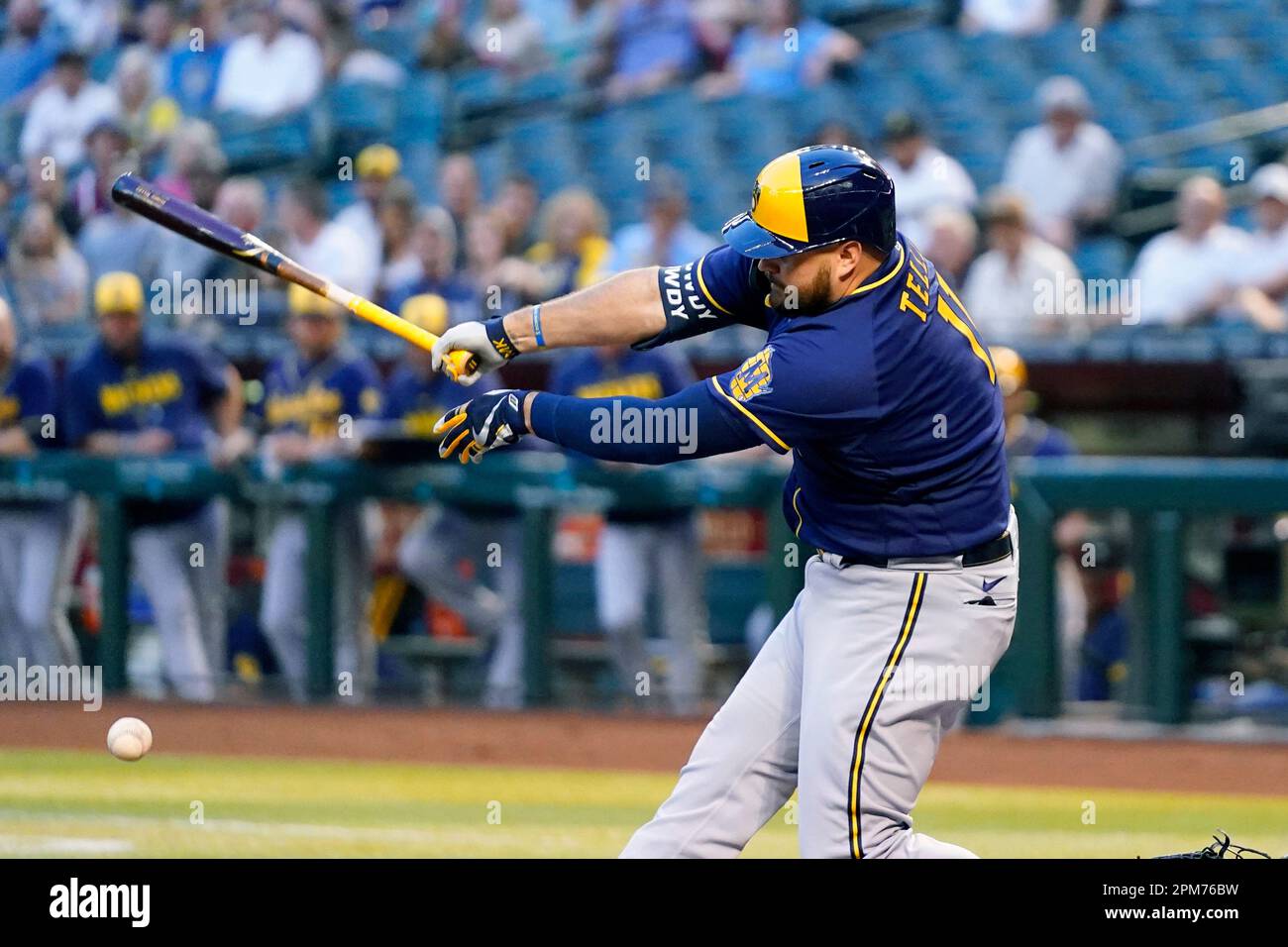 Milwaukee Brewers' Rowdy Tellez fouls off a pitch against the Arizona ...