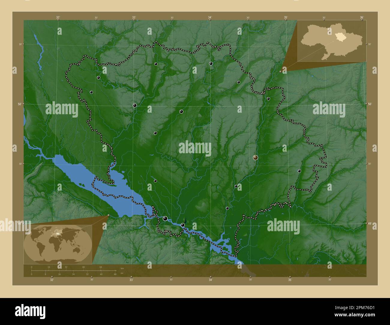 Poltava, region of Ukraine. Colored elevation map with lakes and rivers ...