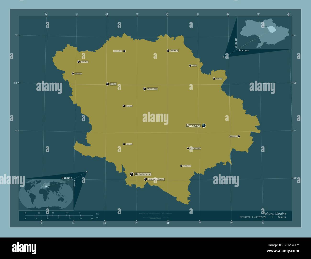 Poltava, region of Ukraine. Solid color shape. Locations and names of ...