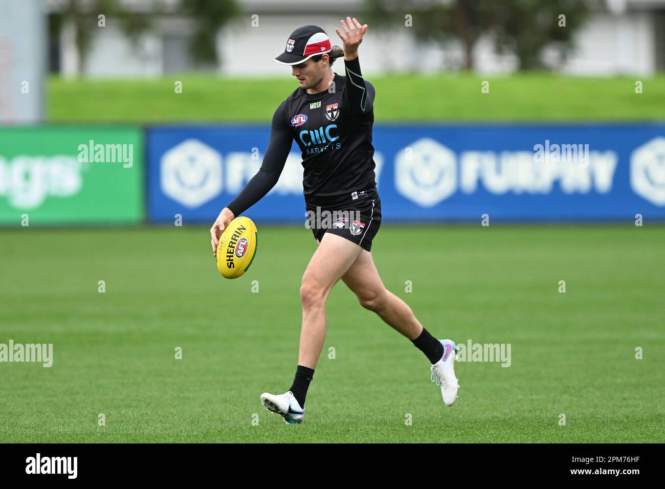 Hunter Clark of St Kilda kicks the footy during a St Kilda Saints training session at RSEA Park ...