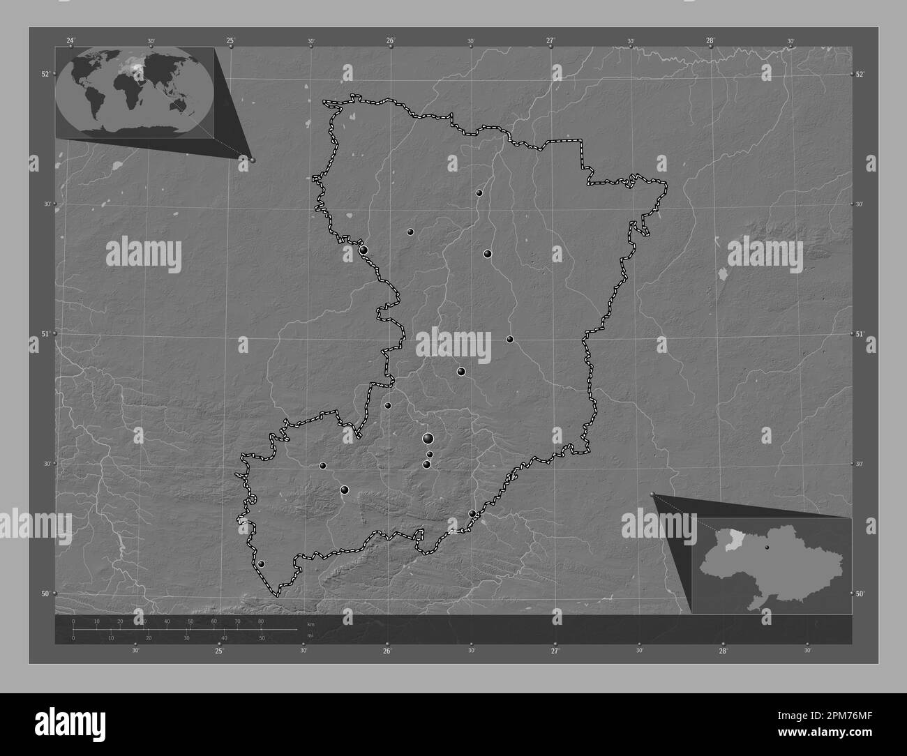 Rivne, region of Ukraine. Bilevel elevation map with lakes and rivers ...