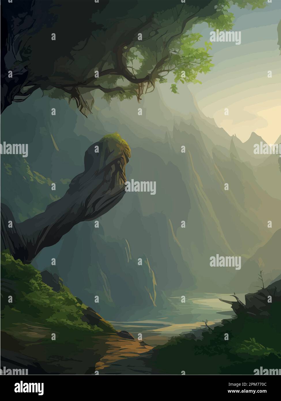 Vertical Travel landscape with river running among forest hills at dawn ...