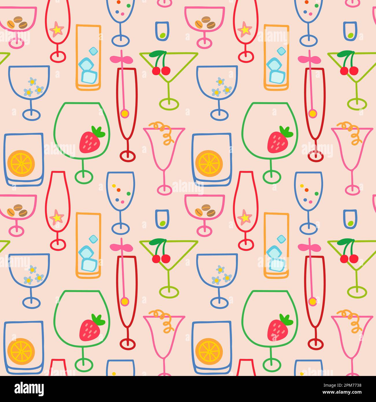 Cocktail glasses contour seamless pattern in various colours, sizes ...