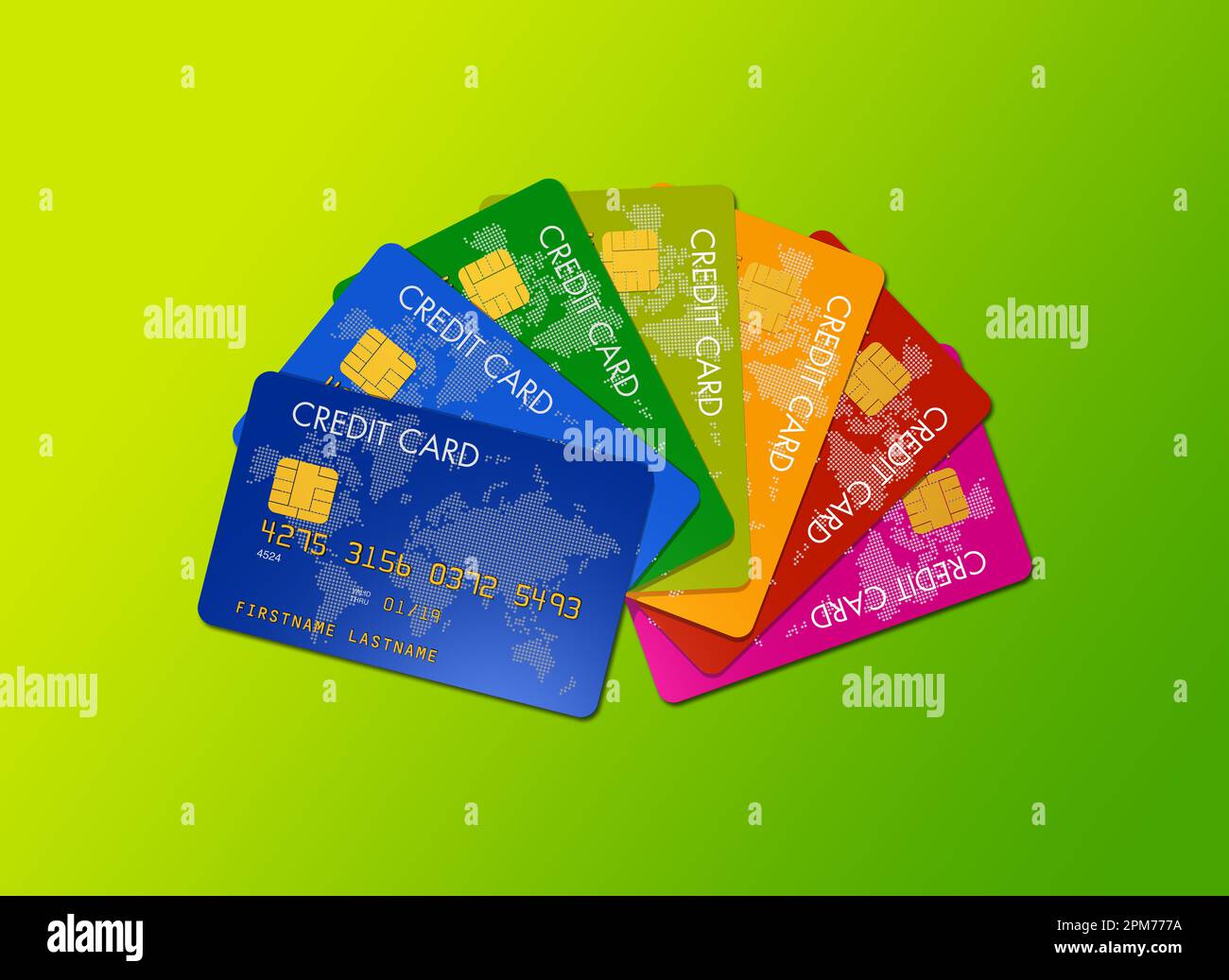 Colorful credit cards isolated on a green background. 3D illustration ...