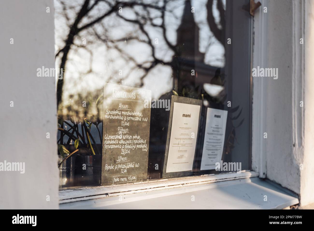 Todays lunch menu on a window of Mami restaurant in Turku, Finland in ...