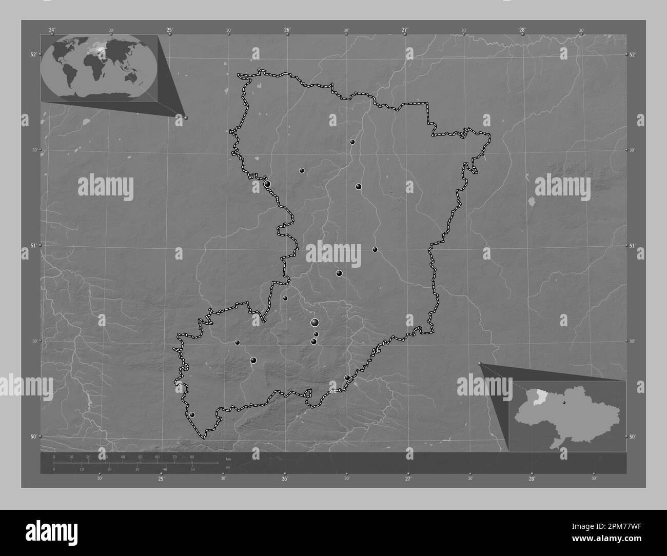 Rivne, region of Ukraine. Grayscale elevation map with lakes and rivers ...