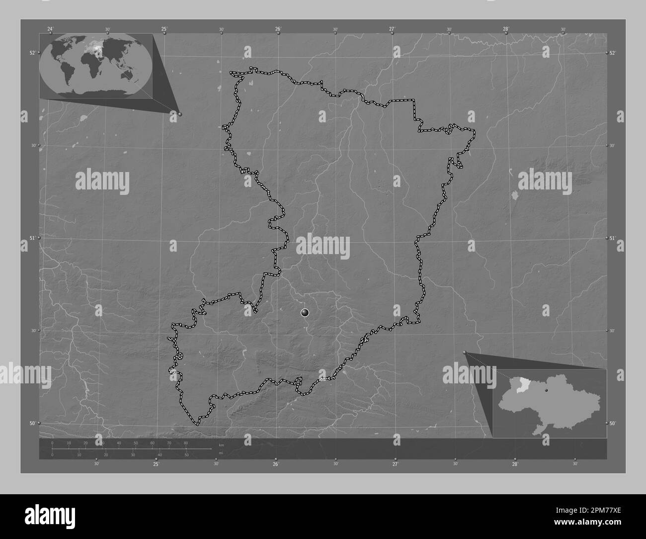 Rivne, region of Ukraine. Grayscale elevation map with lakes and rivers ...