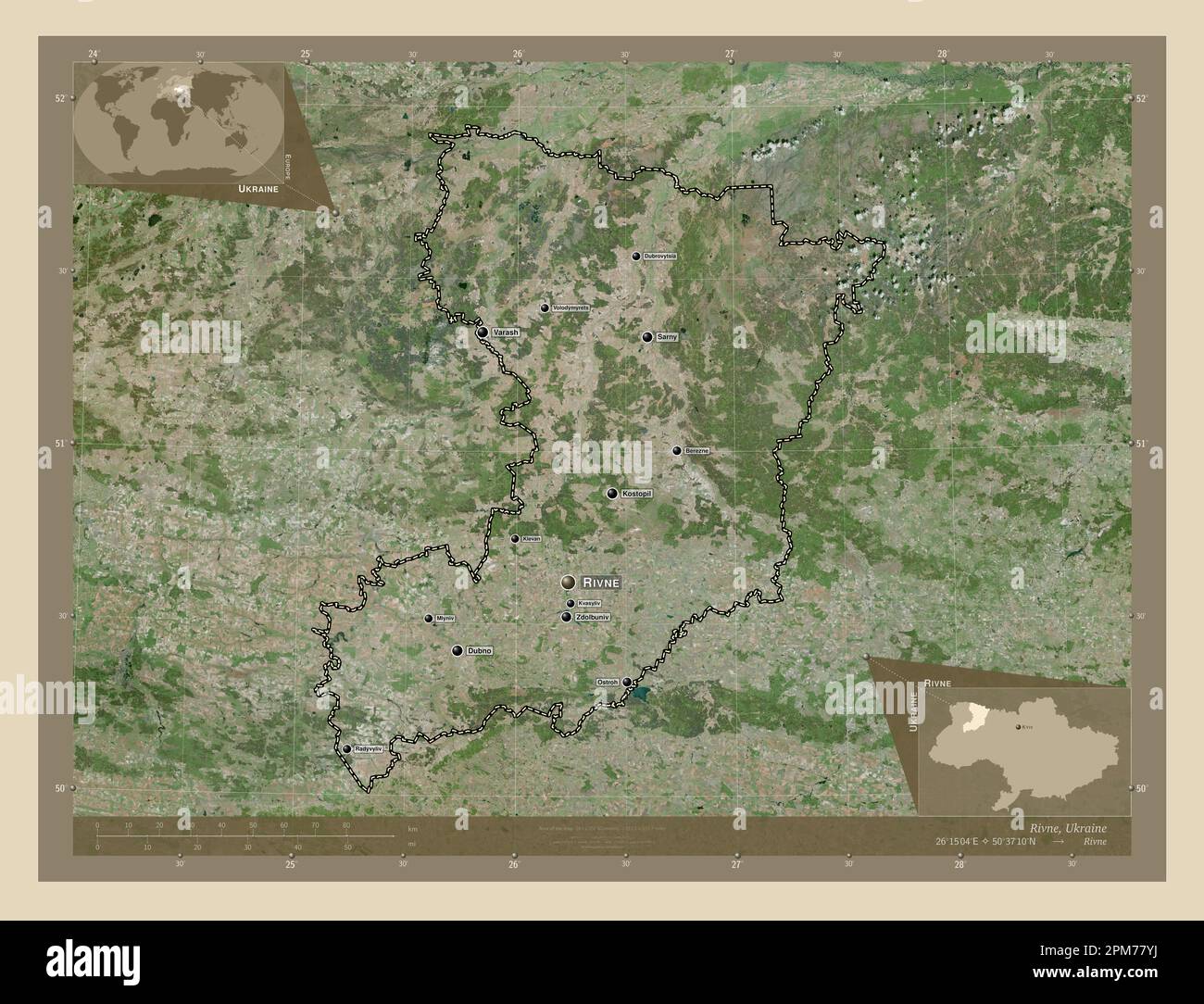 Rivne, region of Ukraine. High resolution satellite map. Locations and ...