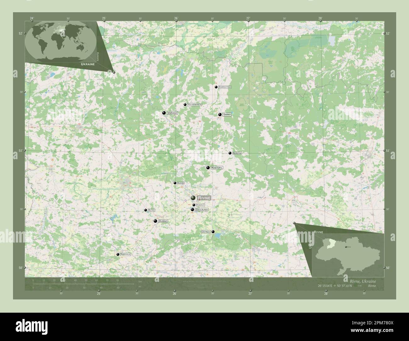 Rivne, region of Ukraine. Open Street Map. Locations and names of major ...