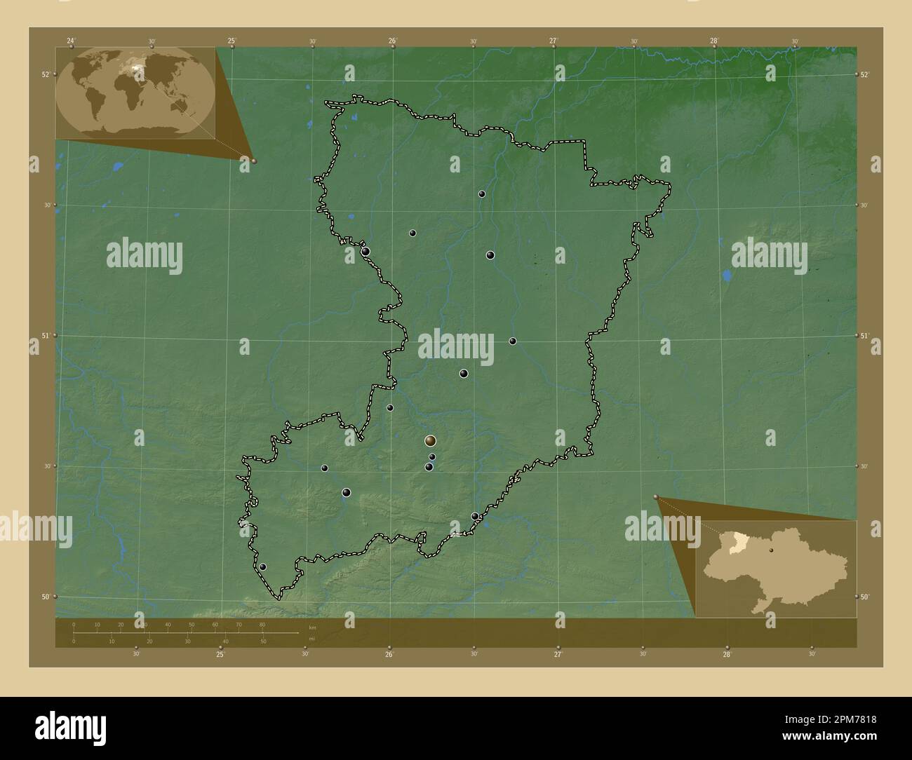 Rivne, region of Ukraine. Colored elevation map with lakes and rivers ...